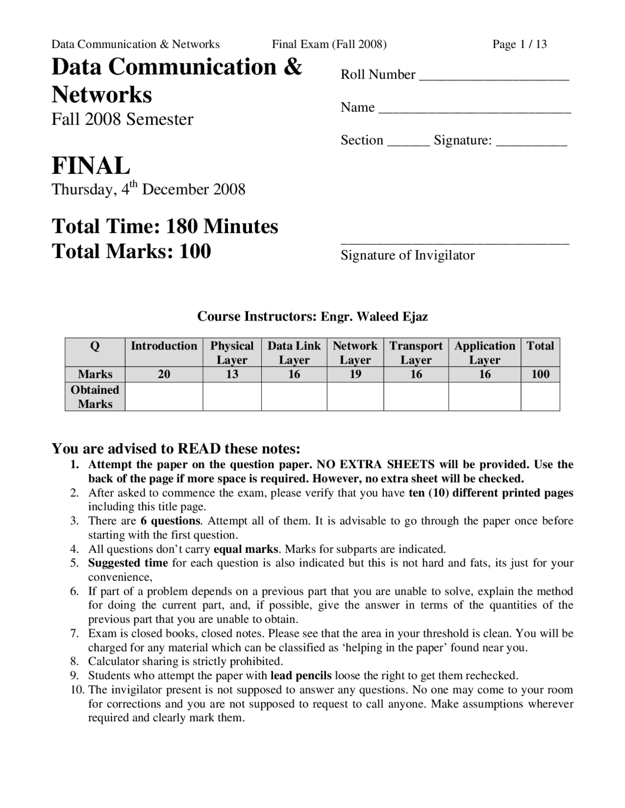 Data Communication And Networks Final Exam Fall 2008 Exams Data Communication Systems And