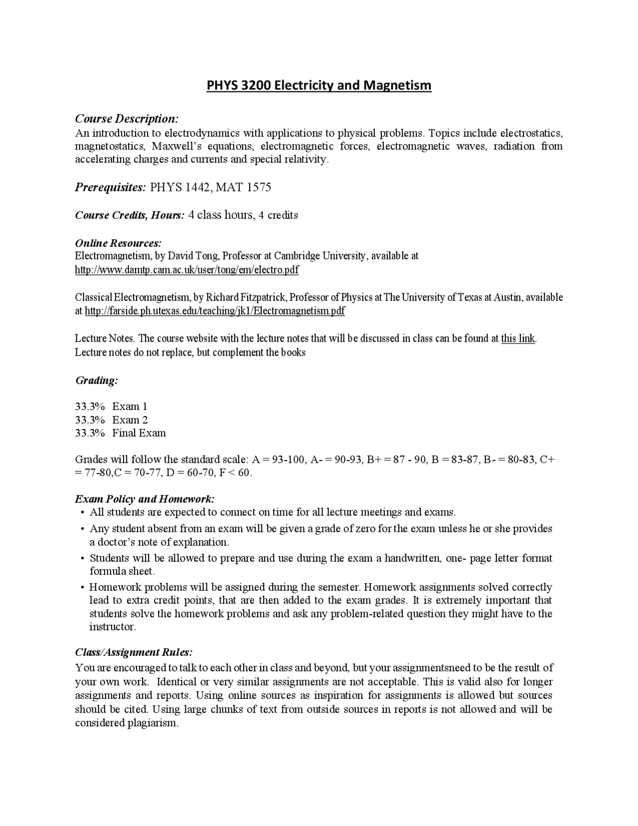 Phys 3200 Electricity And Magnetism Lecture Notes Electromagnetism
