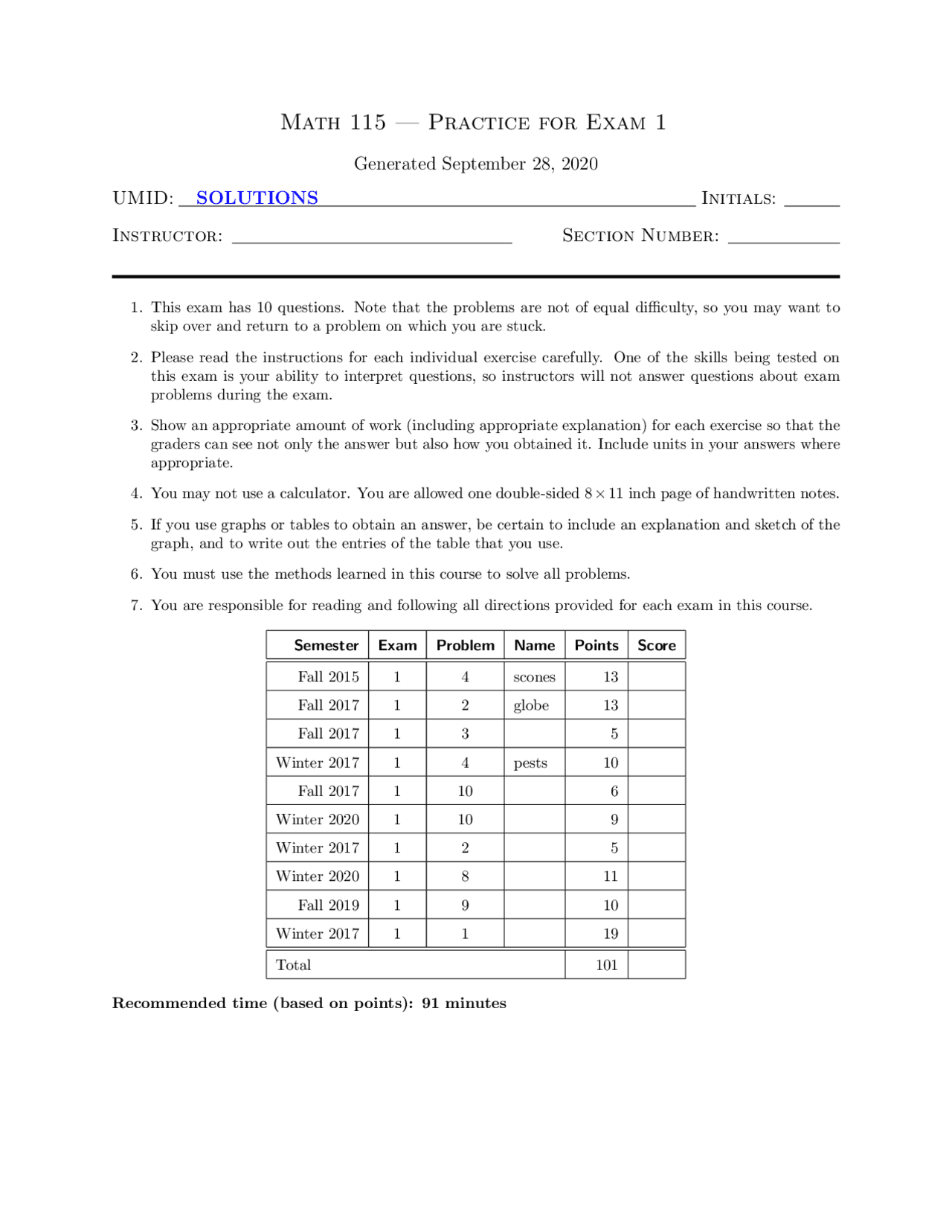Math 115 Exam 1 Practice Exams Linear Algebra Docsity
