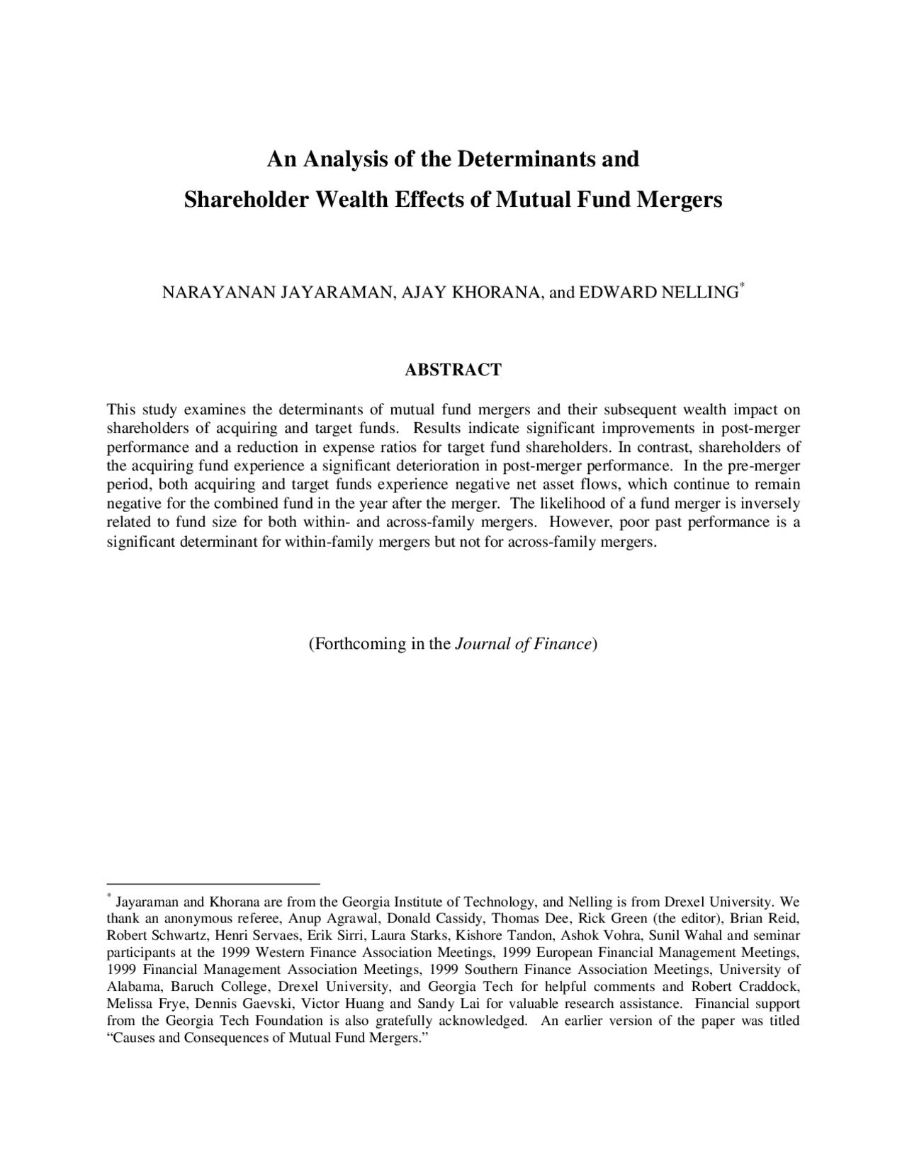 Determinants and Shareholder Wealth Effects of Mutual Fund Mergers ...