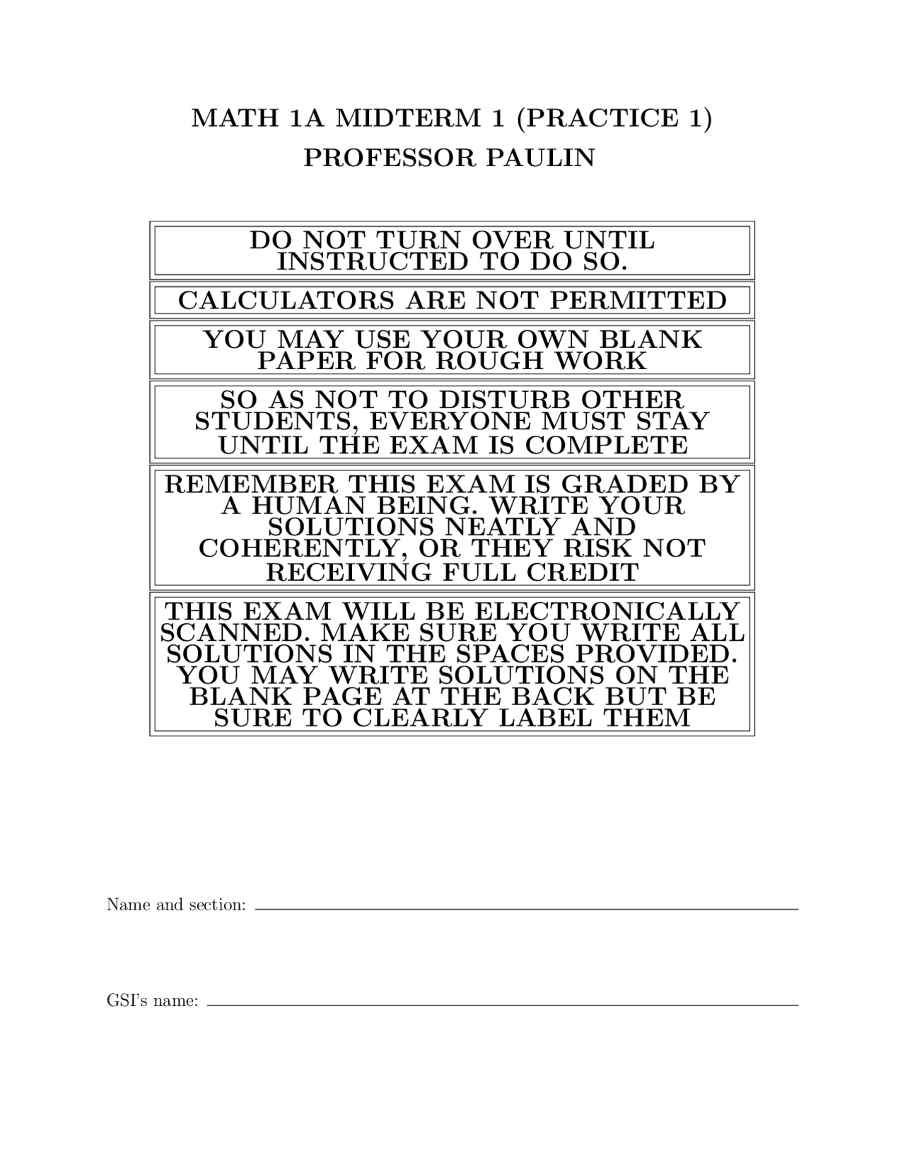 Math 1A Midterm 1 (Practice 1) | Lecture notes Algebra | Docsity