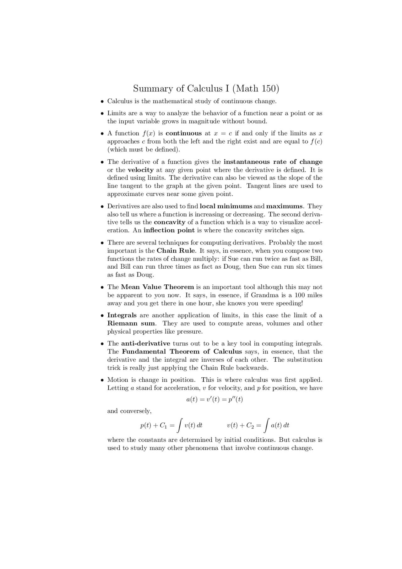 Summary of Calculus I (Math 150) | Study notes Calculus | Docsity