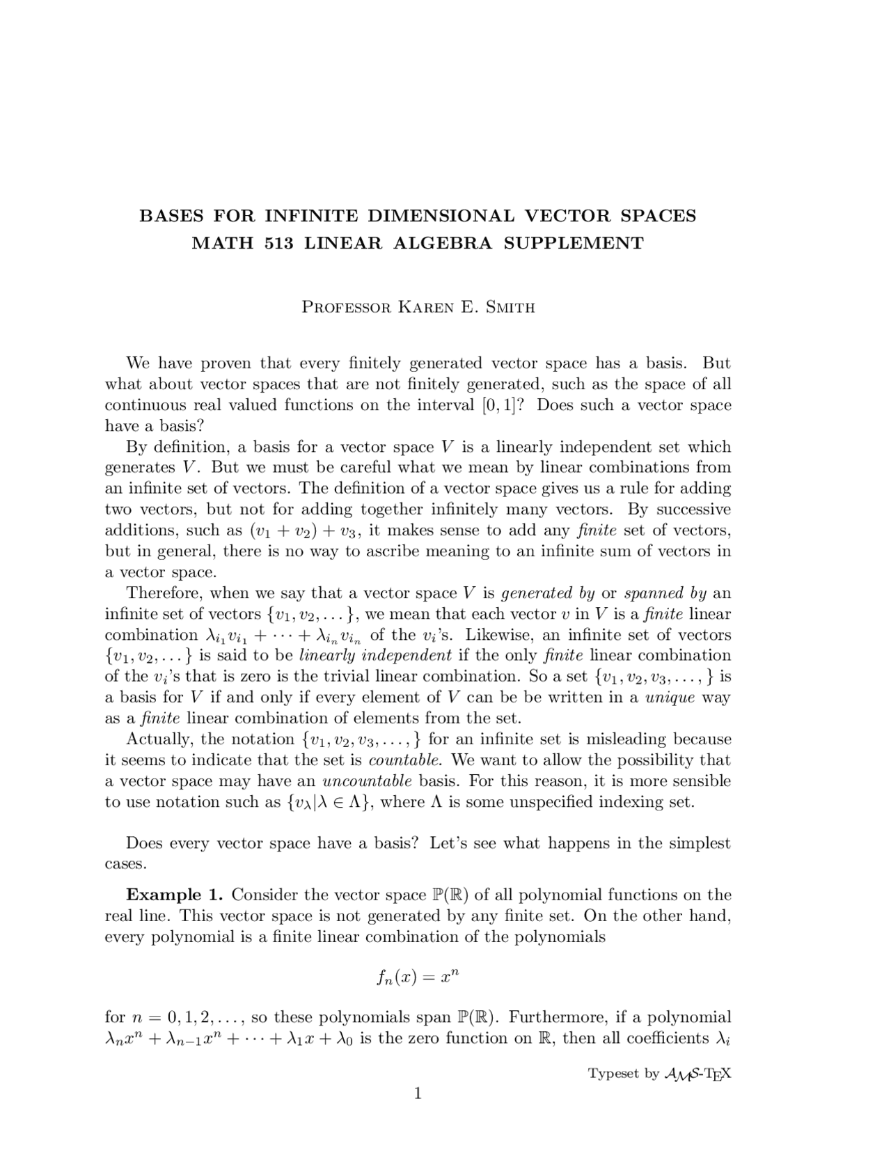 Bases For Infinite Dimensional Vector Spaces Lecture Notes Vector Analysis Docsity