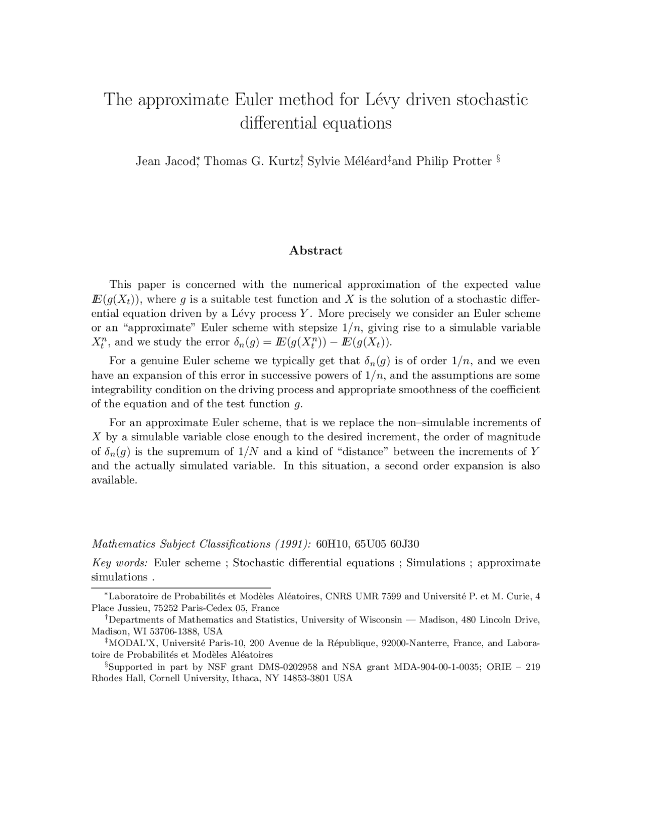 The approximate Euler method for Lévy driven stochastic ... | Exams Differential Equations | Docsity