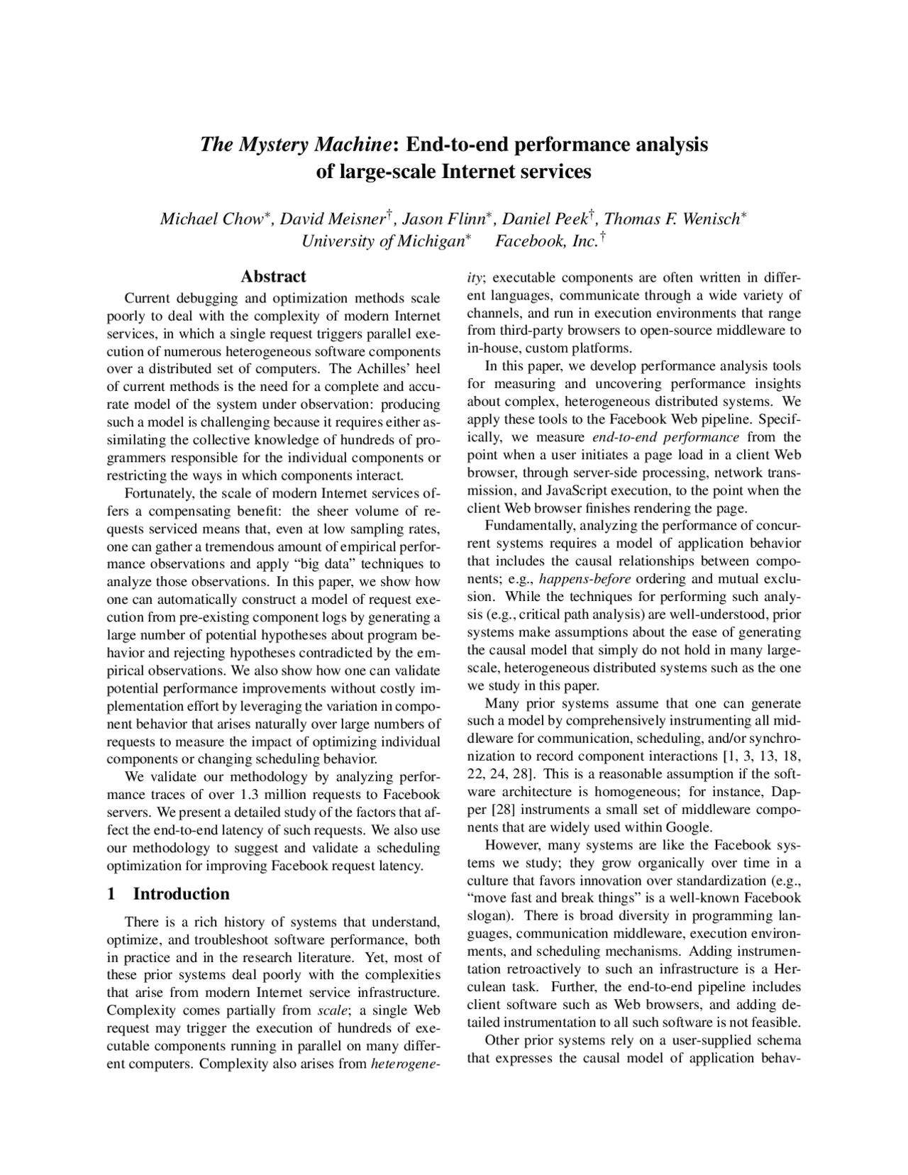 End To End Performance Analysis Of Large Scale Internet Services
