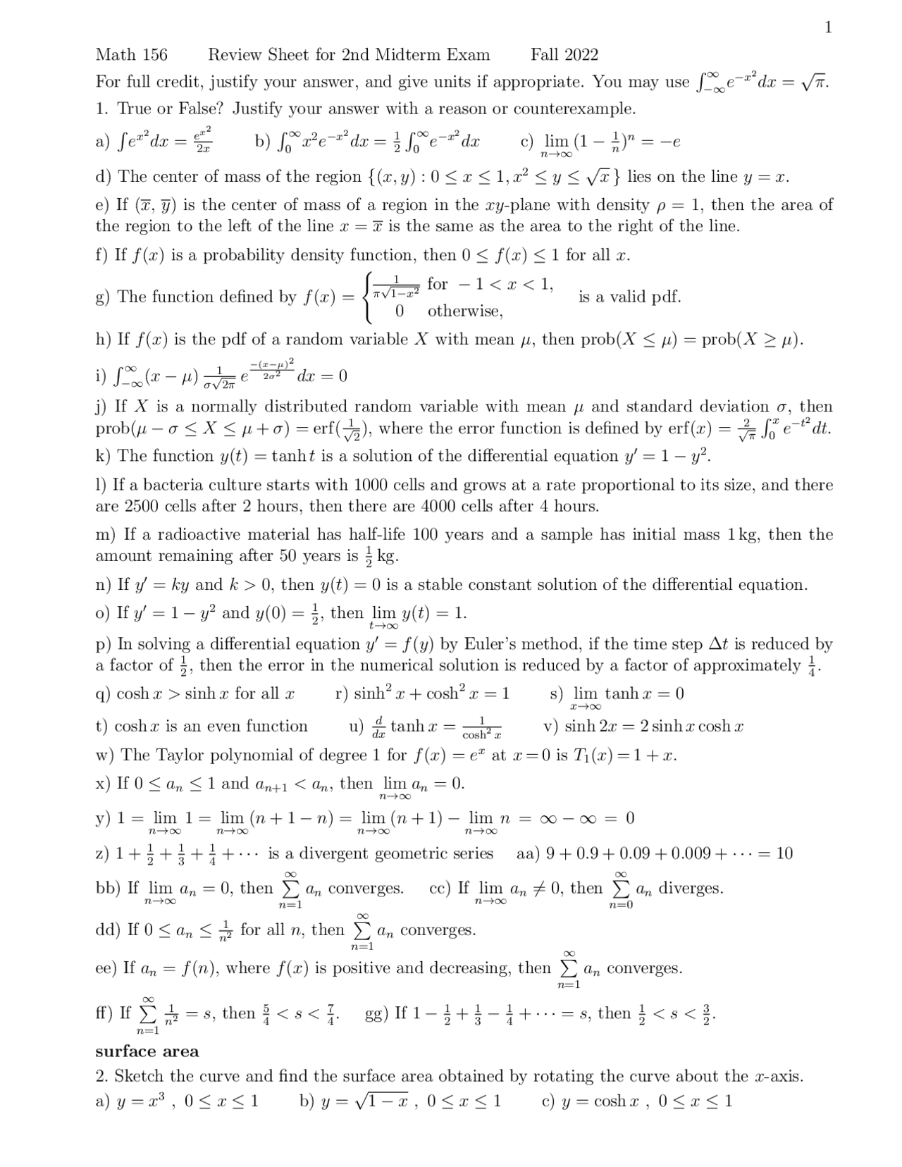 Math 156 Review Sheet for 2nd Midterm Exam Fall 2022 | Study notes ...