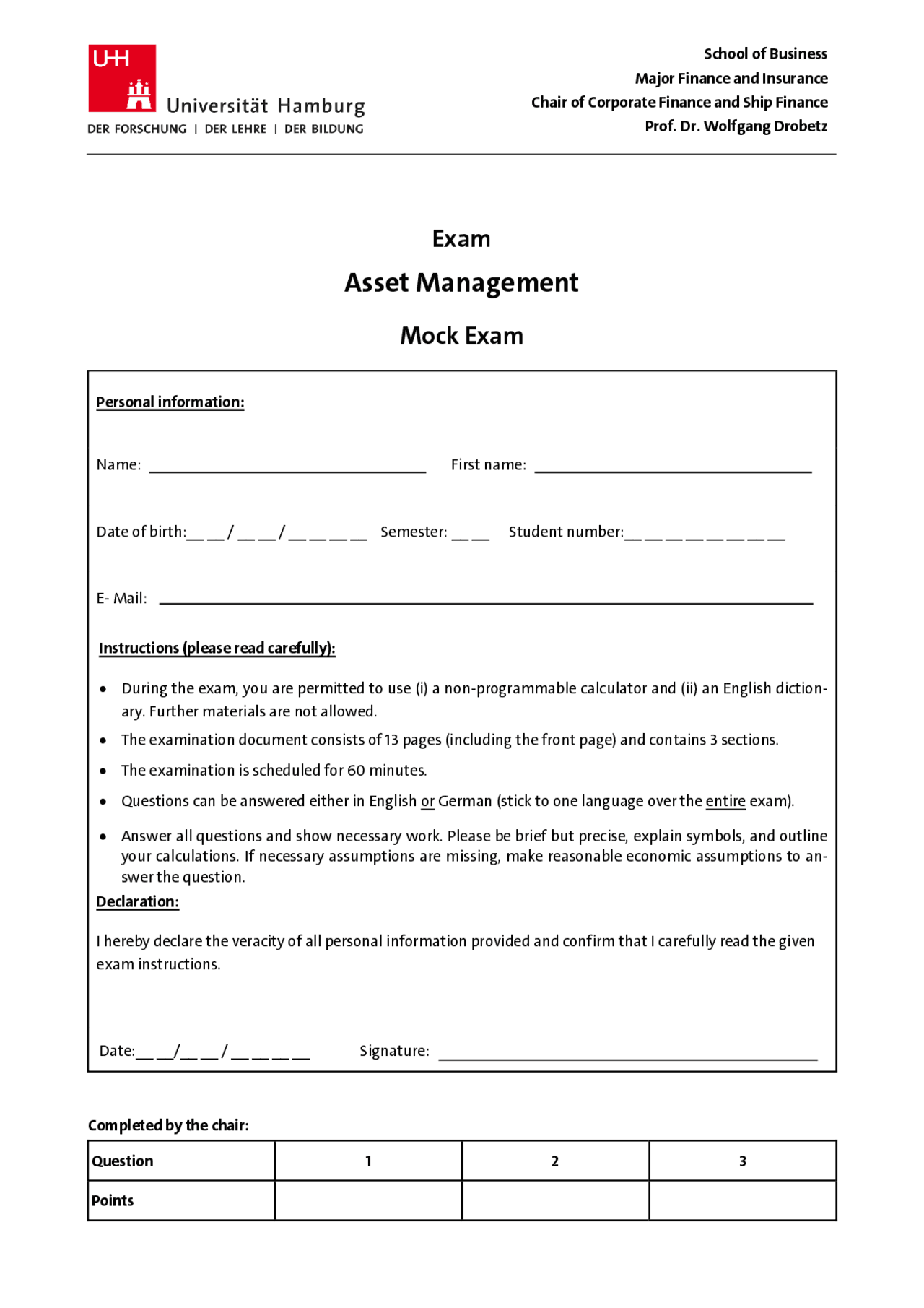 Mock Exam - Asset Management I | Exams Investment Management and ...