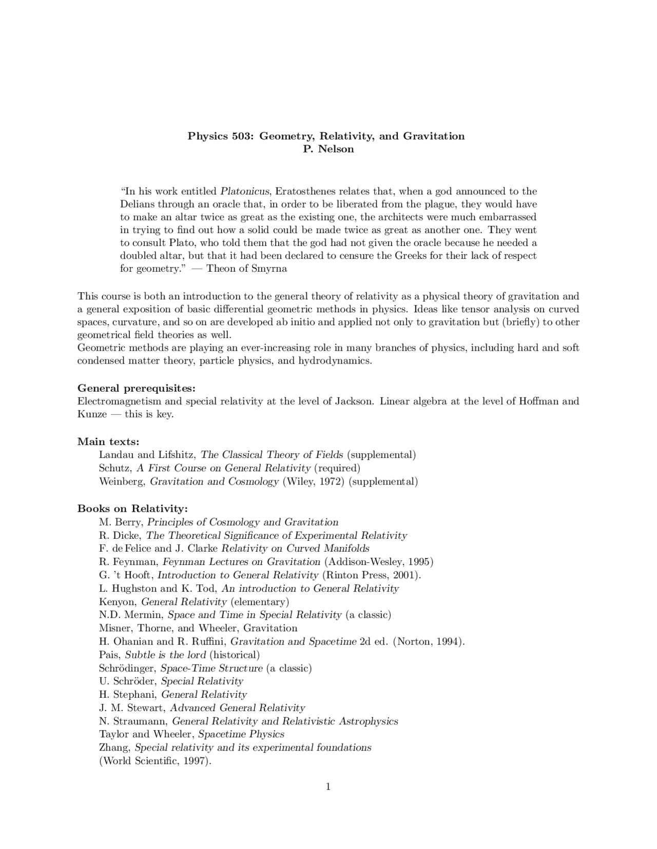 Physics 503 Geometry Relativity And Gravitation Lecture Notes