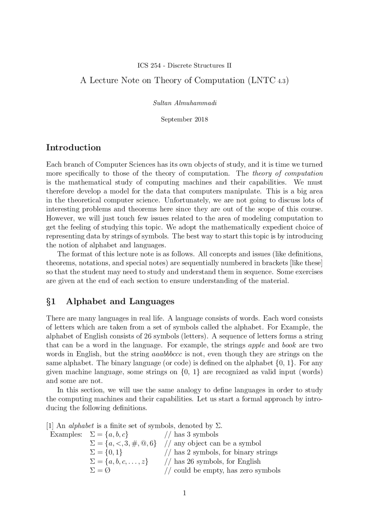 Theory Of Computation Lecture Note Lecture Notes Theory Of Computation Docsity