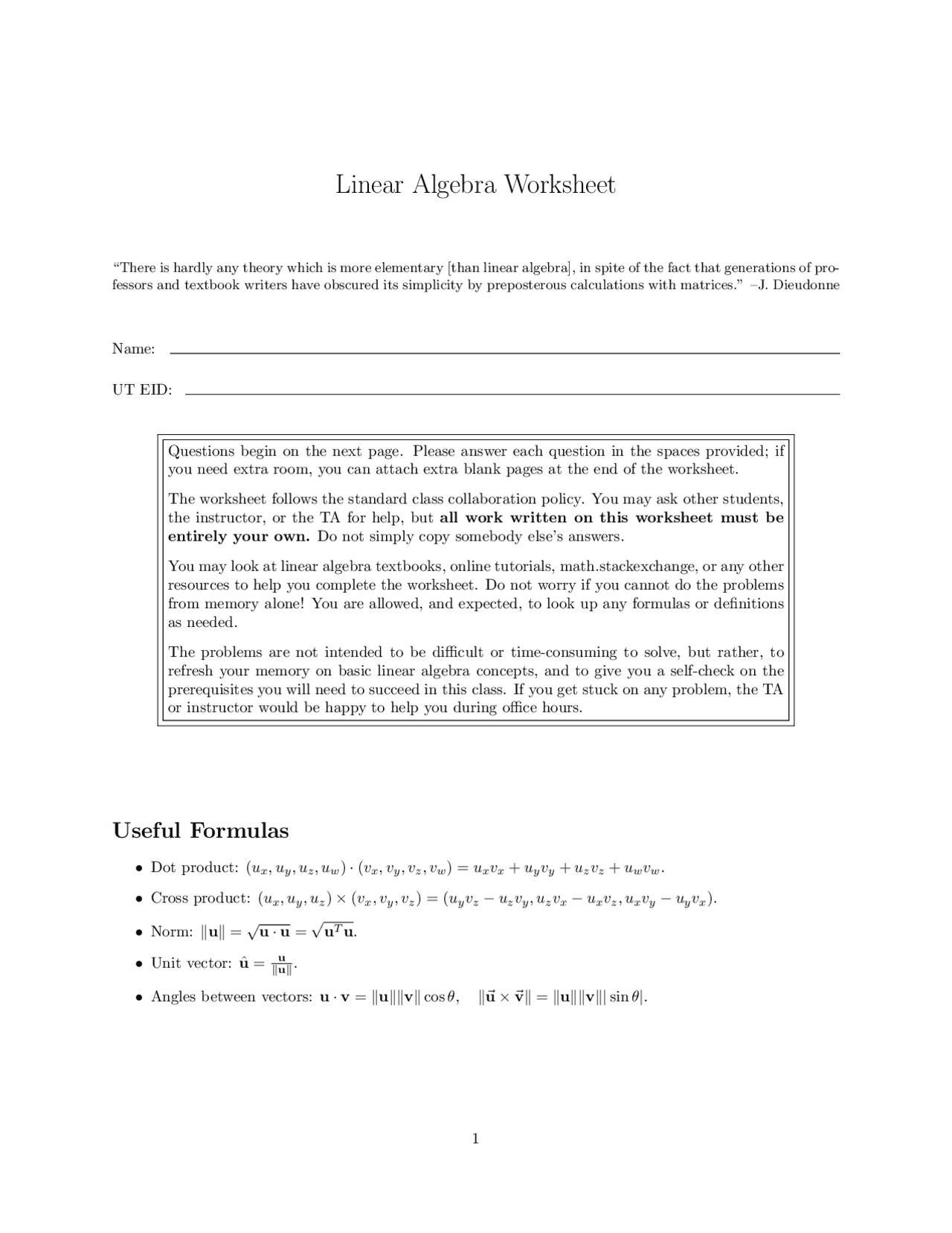 Linear Algebra Worksheet | Exercises Algebra | Docsity