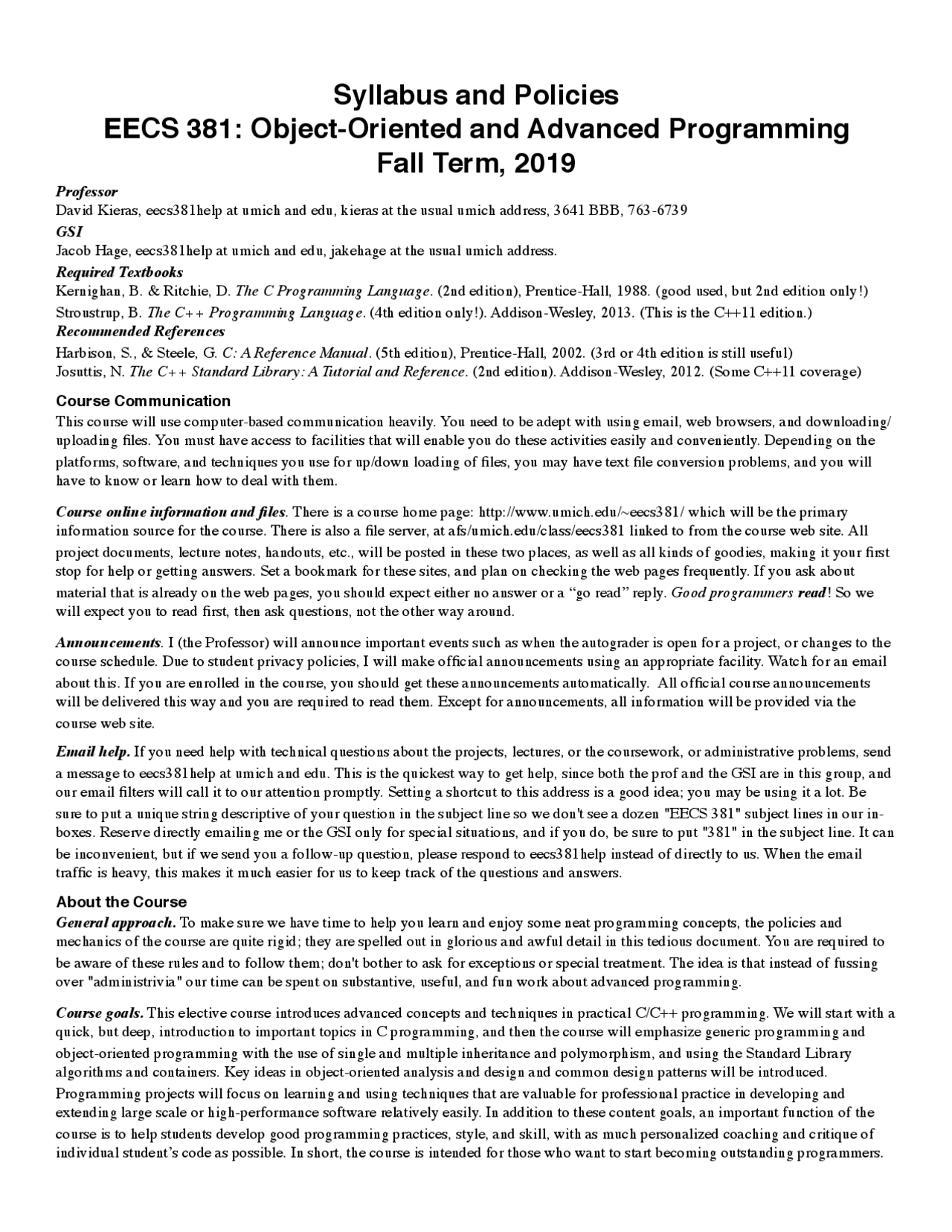 Syllabus and Policies EECS 381: Object-Oriented and ... | Exercises Programming Languages | Docsity