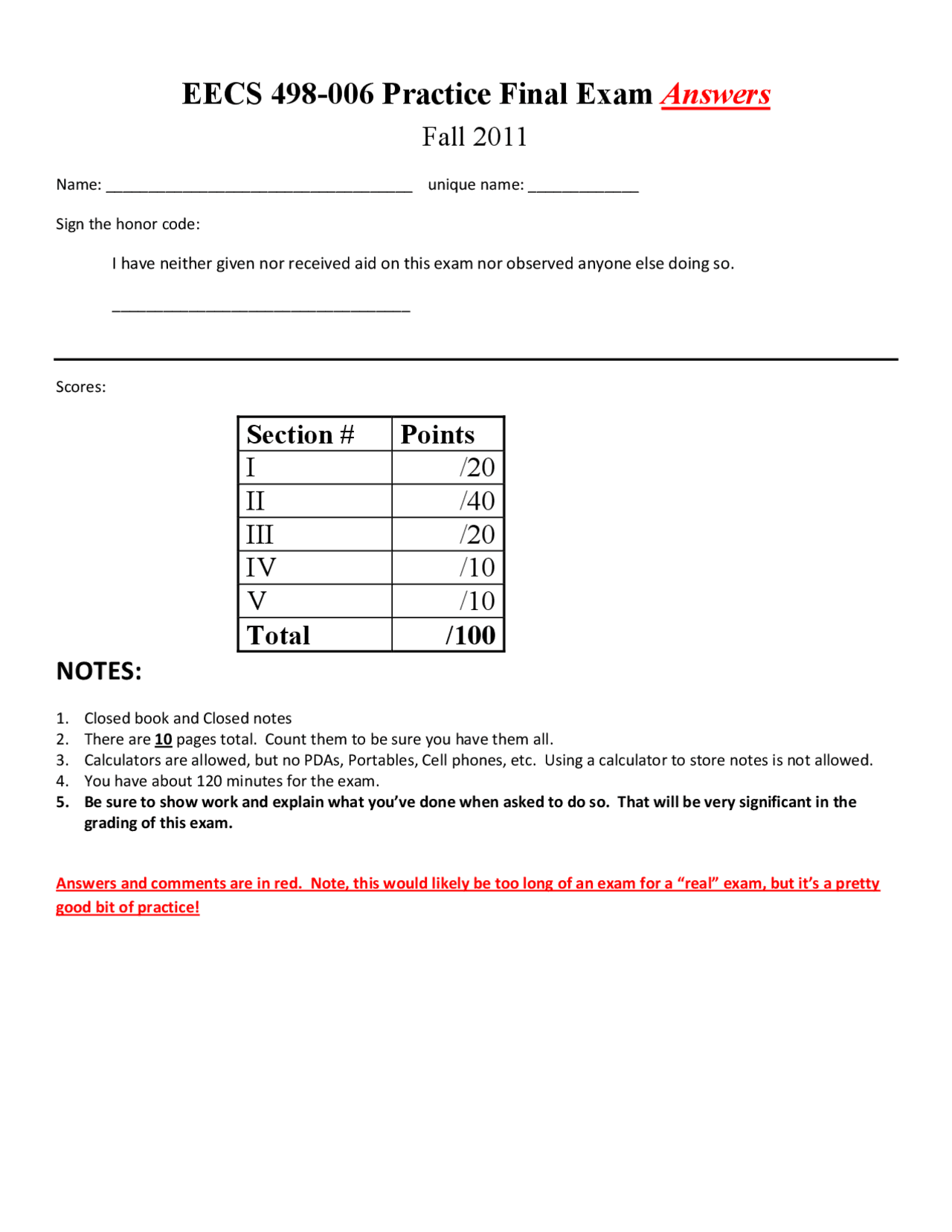 Eecs 498 006 Practice Final Exam Answers Exams Wireless Networking Docsity