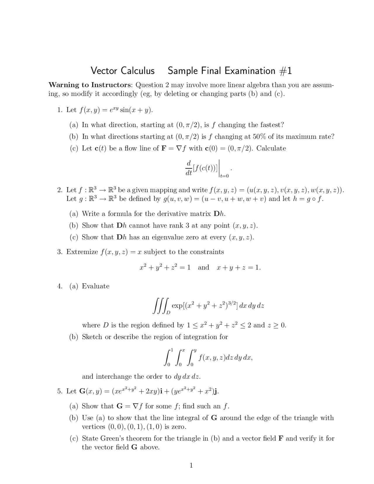 Vector Calculus Sample Final Examination 1 Exams Vector Analysis