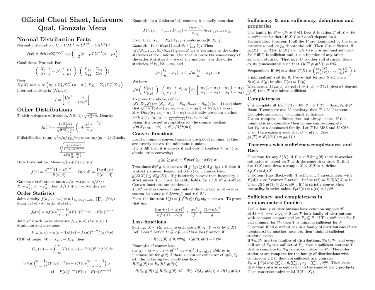 Official Cheat Sheet, Inference Qual, Gonzalo Mena | Exercises Probability and Statistics | Docsity