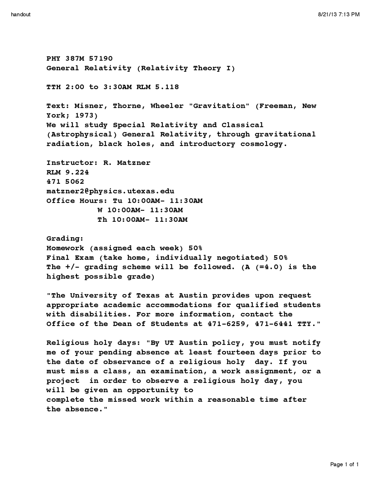 PHY 387M 57190 General Relativity (Relativity Theory I) TTH ...