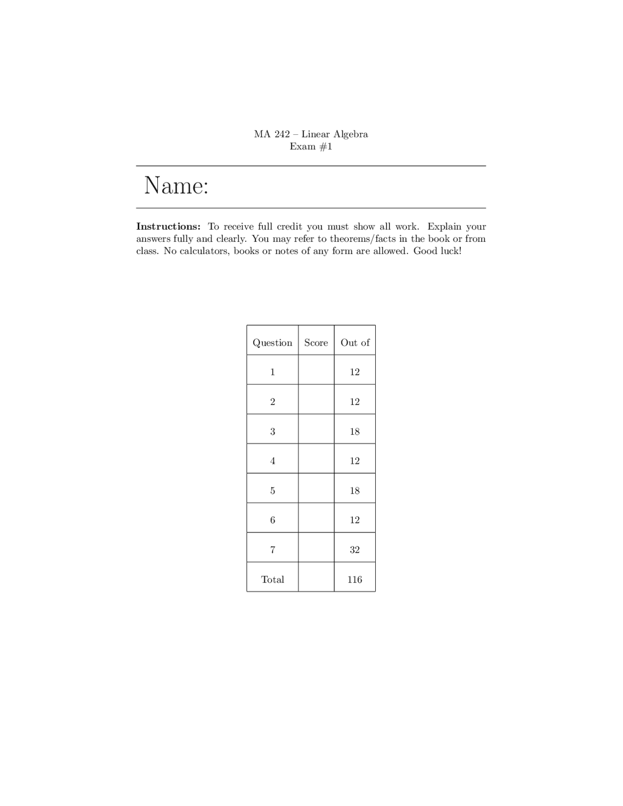 Linear Algebra Exam 1 Exams Linear Algebra Docsity