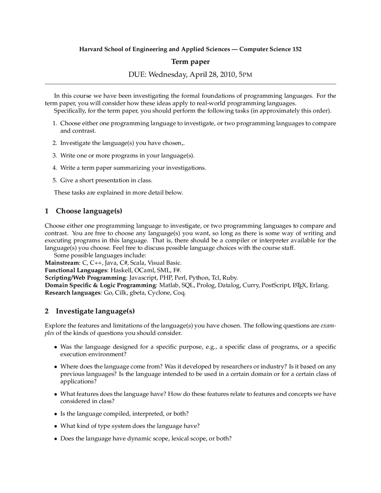 Termpaper on Programming Languages | Assignments Programming Languages | Docsity