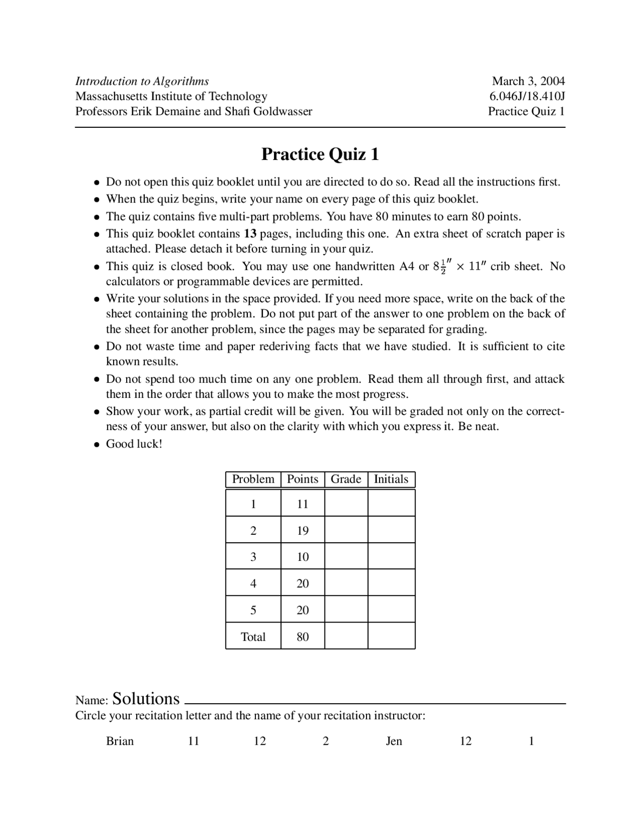 Practice Quiz 1 Name: Solutions | Exams Algorithms and Programming | Docsity