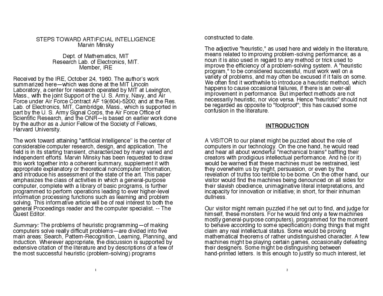 STEPS TOWARD ARTIFICIAL INTELLIGENCE Marvin Minsky ... | Exercises Artificial Intelligence | Docsity