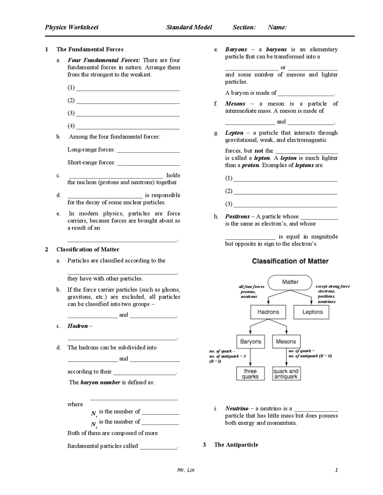 Physics Worksheet on Standard Model | Study notes Particle Physics ...