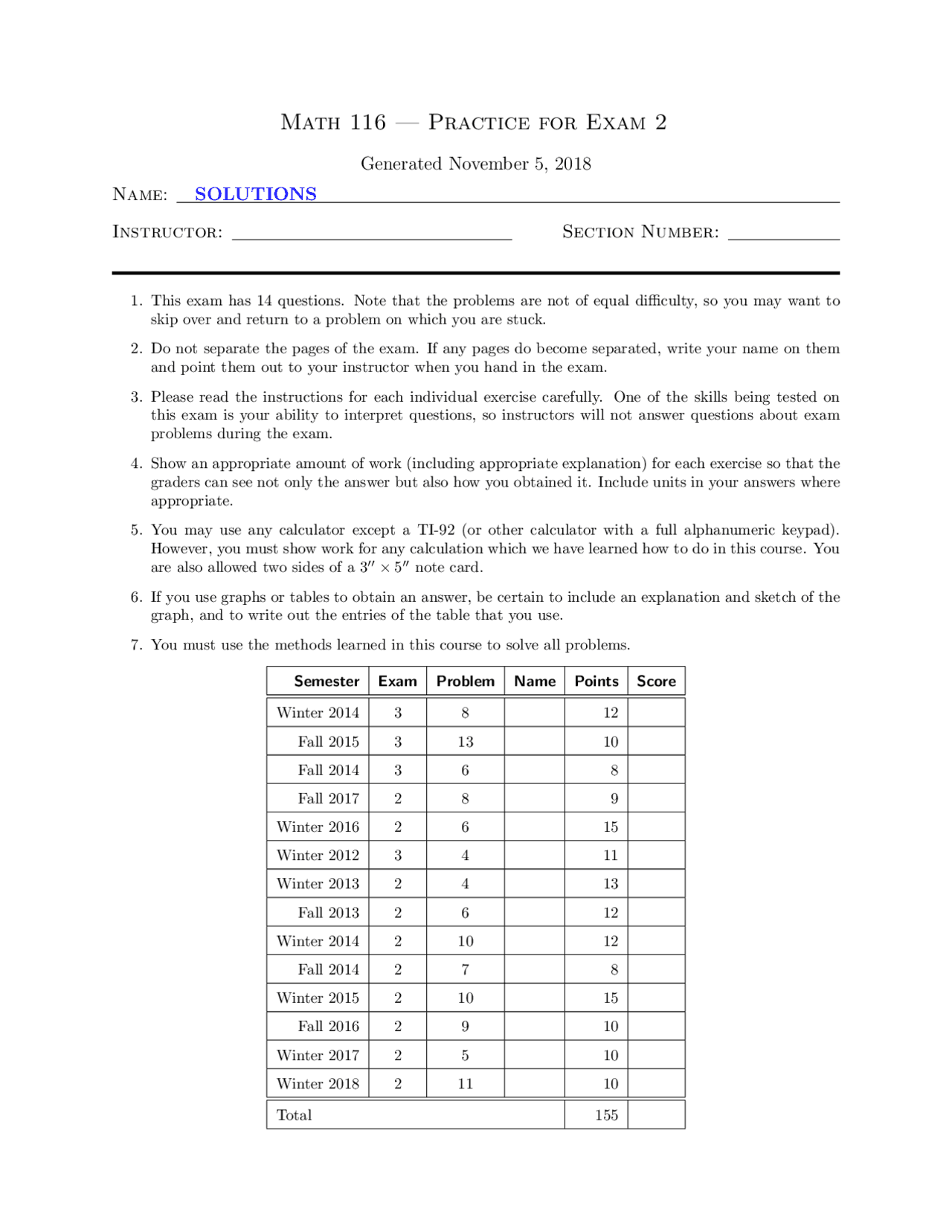 Math 116 - Practice for Exam 2: Solutions and Exercises | Exercises Calculus | Docsity