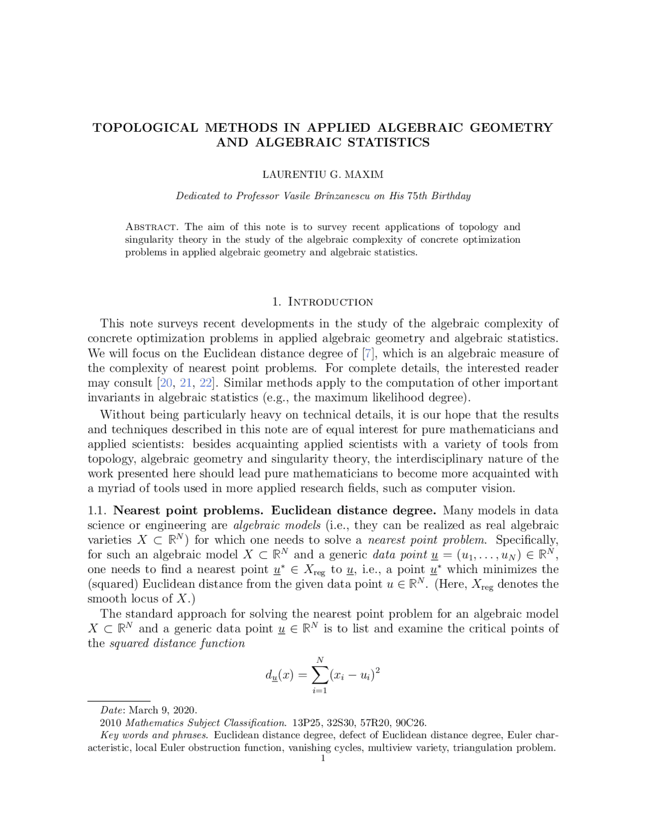 Topological Methods In Applied Algebraic Geometry And Algebraic