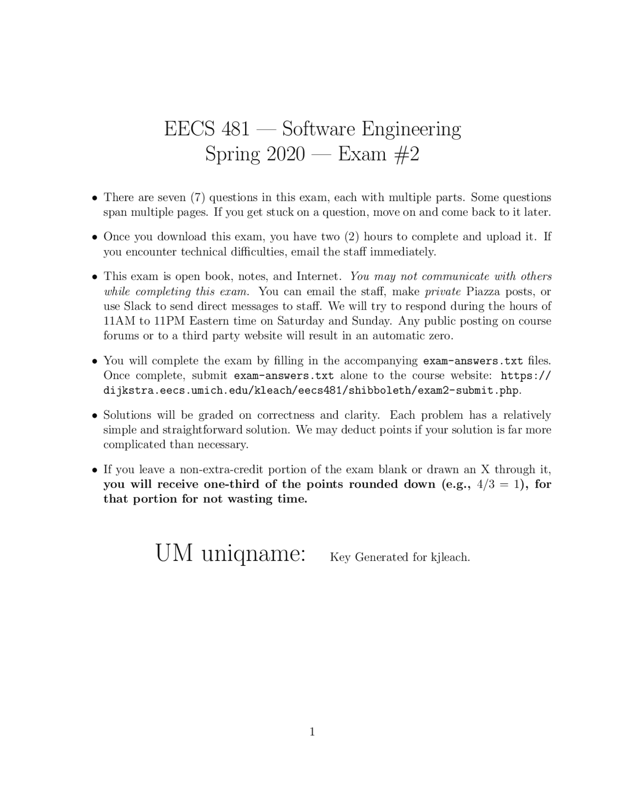 EECS 481 — Software Engineering Spring 2020 — Exam #2 | Lecture notes ...
