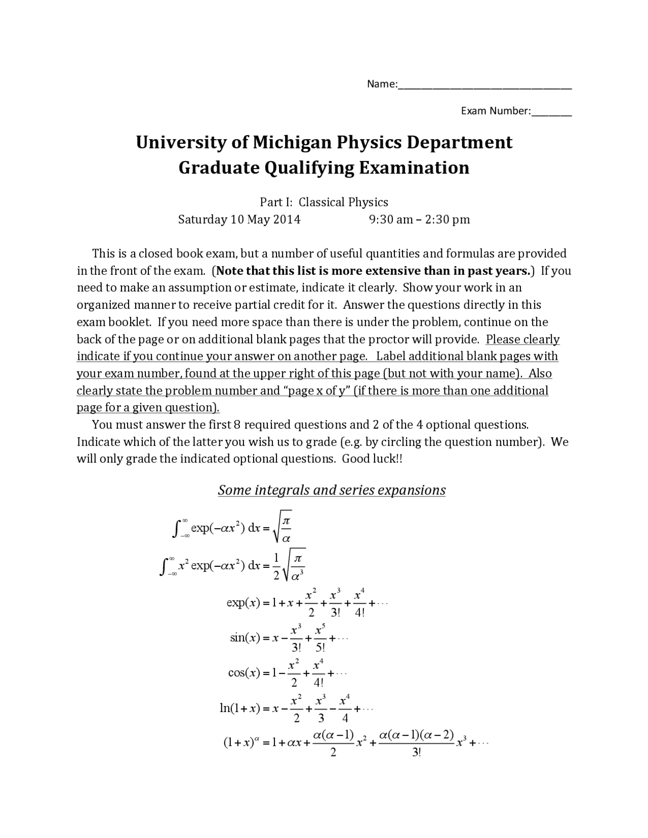 Graduate Qualifying Examination in Classical Physics | Exams Optics ...