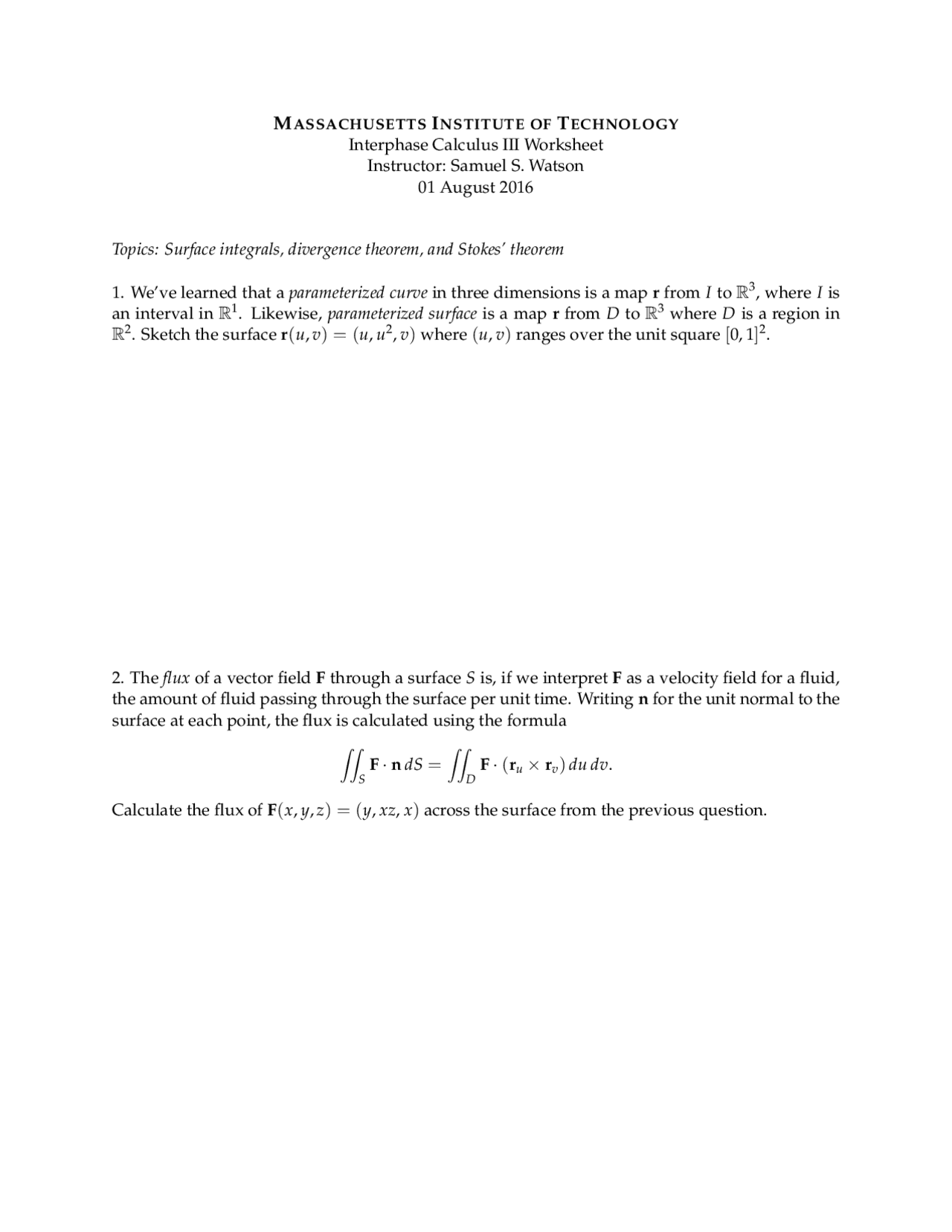 MIT Calculus III: Surface Integrals, Divergence Theorem, and Stokes' Theorem Worksheet | Study ...