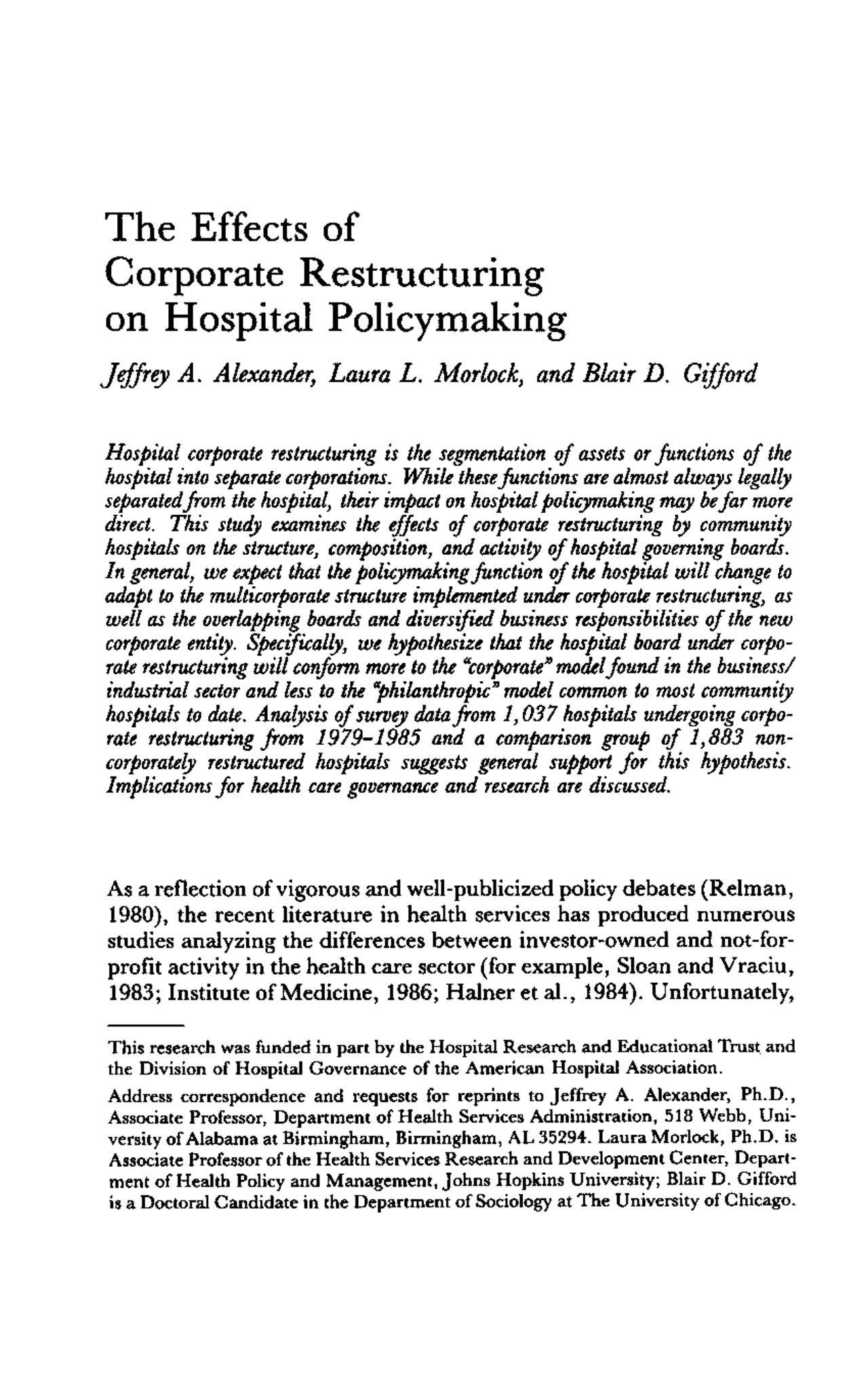 The Effects of Corporate Restructuring on Hospital Policymaking ...