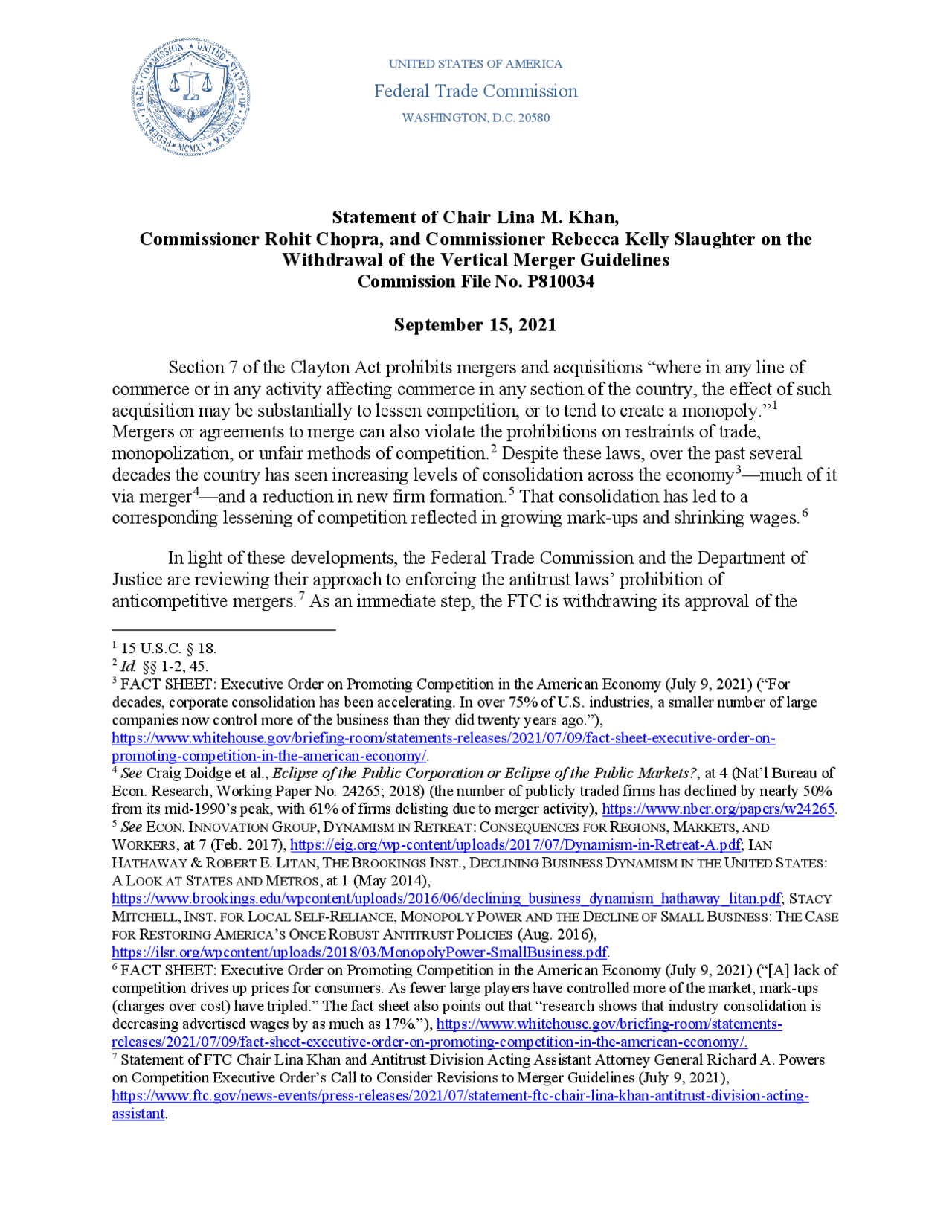 Withdrawal of the Vertical Merger Guidelines by the Federal Trade ...