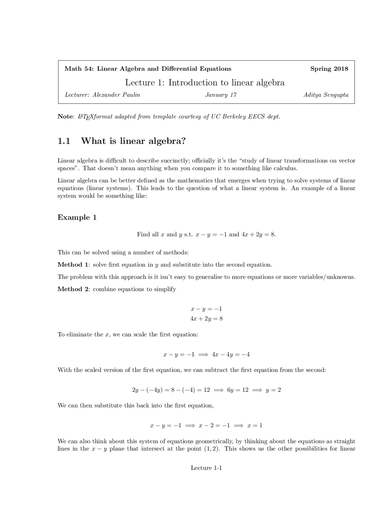 Linear Algebra And Differential Equations Lecture Notes Linear