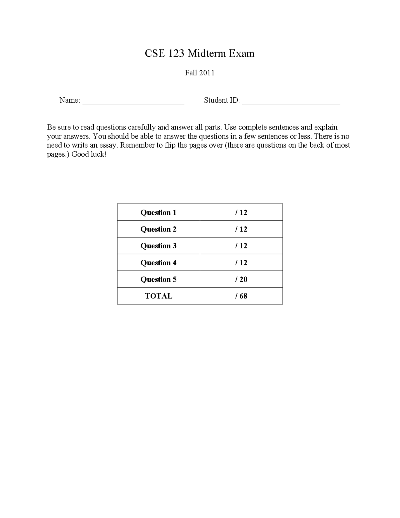 CSE 123 Midterm Exam | Exams Network Technologies and TCP/IP | Docsity