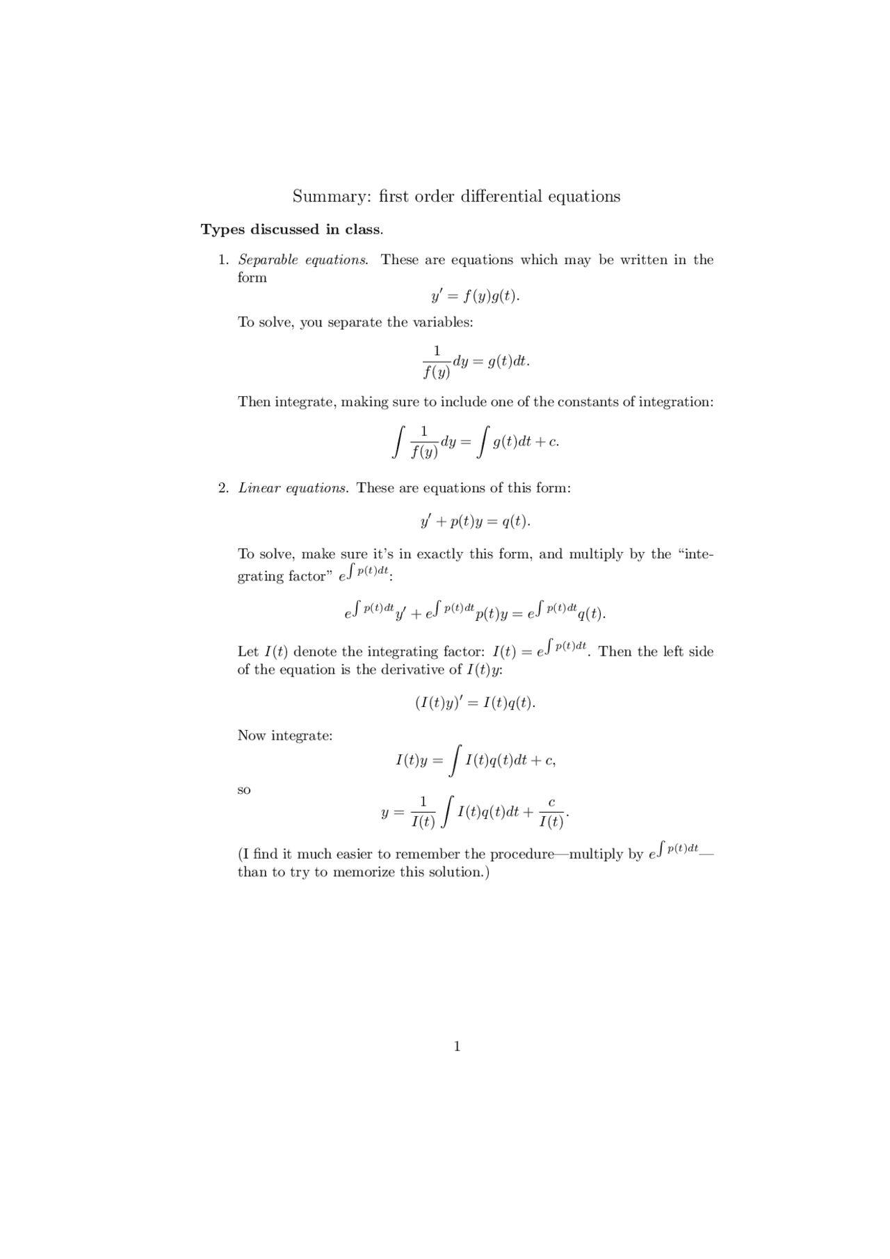 Summary First Order Differential Equations Summaries Differential