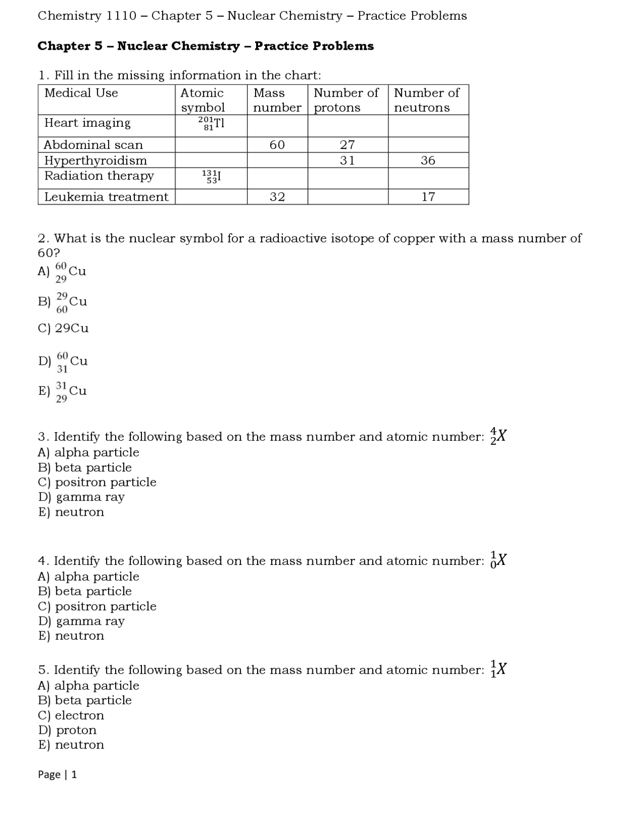 Chemistry 1110 – Chapter 5 – Nuclear Chemistry – Practice Problems ...