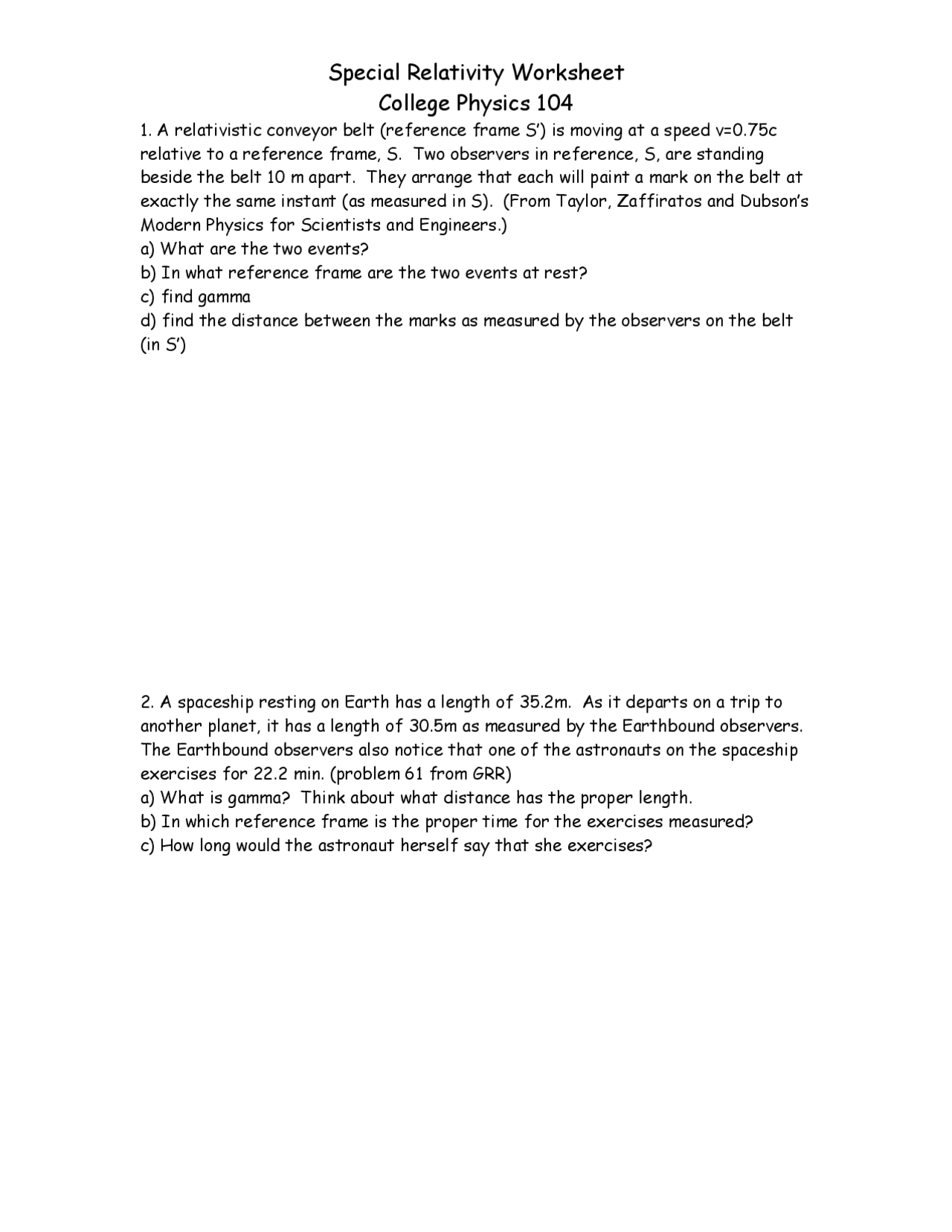 Special Relativity Worksheet College Physics 104 | Slides Relativity ...