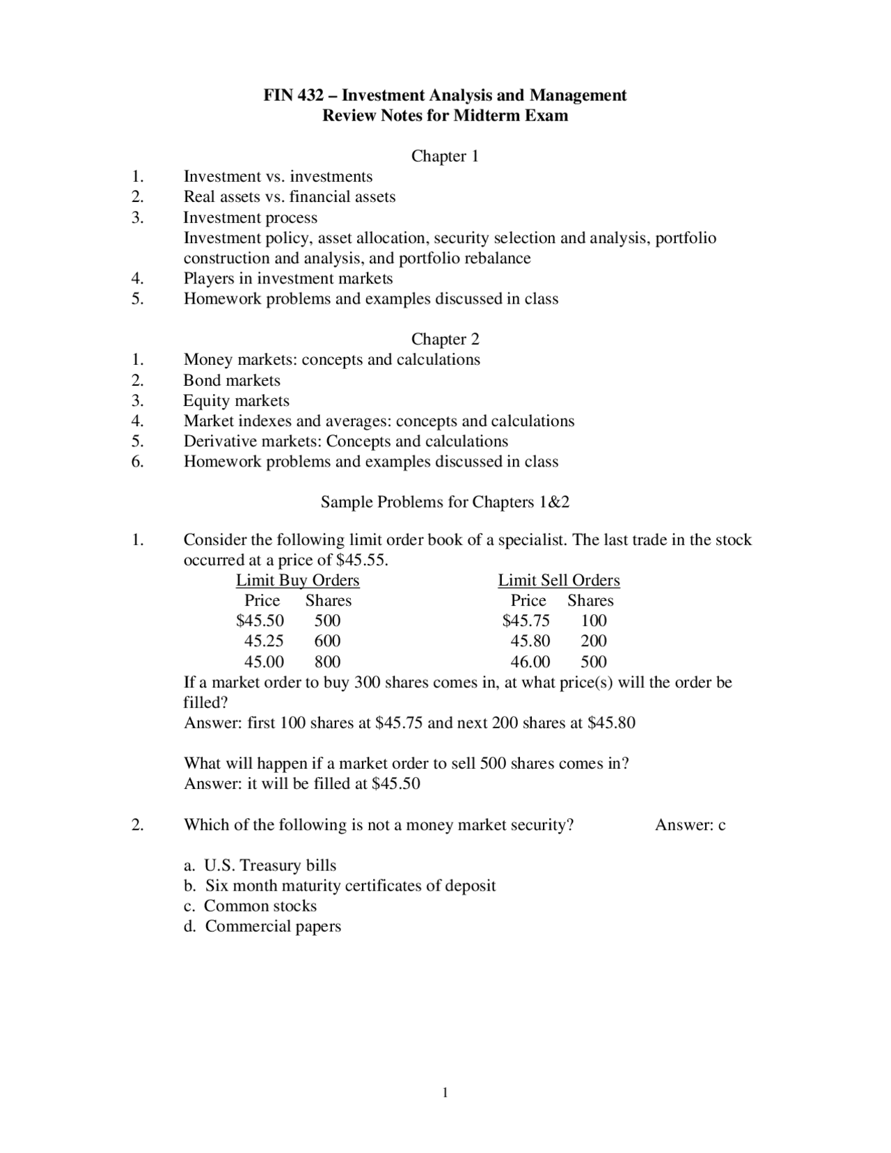 Investment Analysis And Management Review Notes For Midterm Exam
