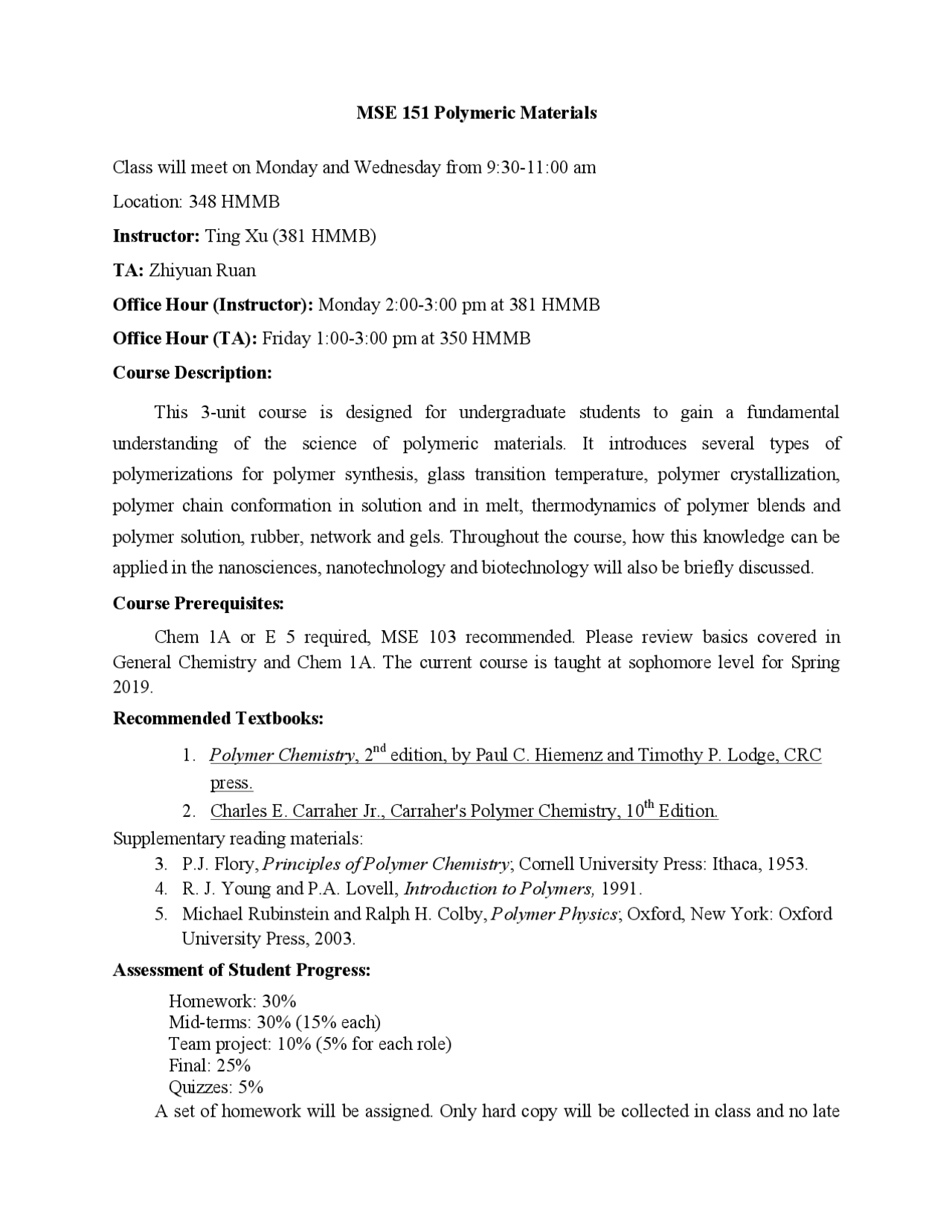 MSE 151 Polymeric Materials Course | Lecture notes Chemistry | Docsity