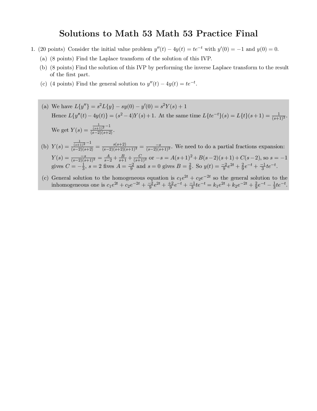 Solutions to Math 53 Math 53 Practice Final | Exams Algebra | Docsity