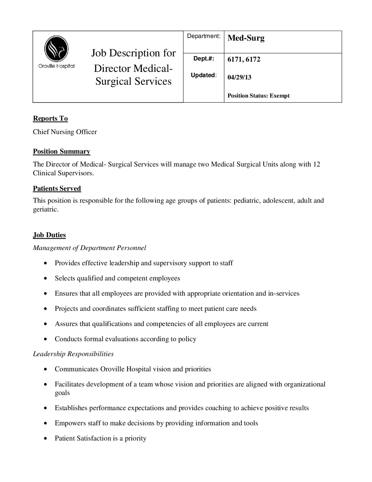 Job Description For Director Medical Surgical Services Lecture Notes