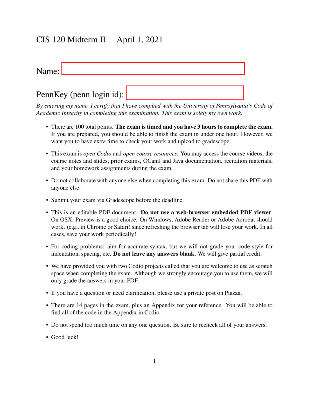CIS 120 Midterm II April 1, 2021 | Exams Data Structures and Algorithms ...