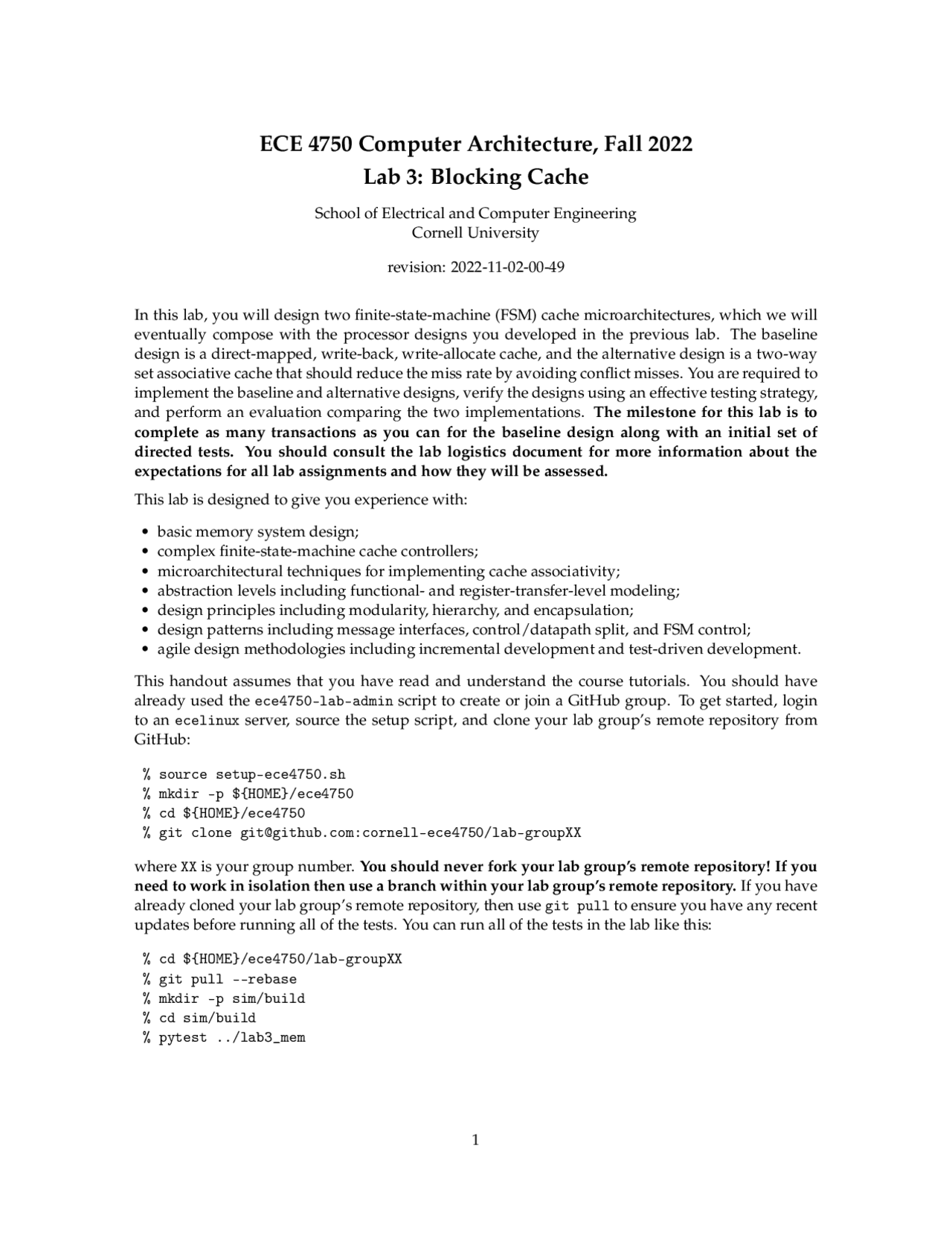 Lab 3: Blocking Cache | Assignments Computer Architecture and Organization | Docsity