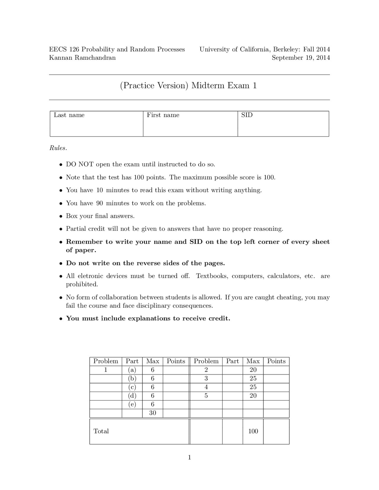 EECS 126 Probability and Random Processes Midterm Exam 1 | Exams Probability and Statistics ...