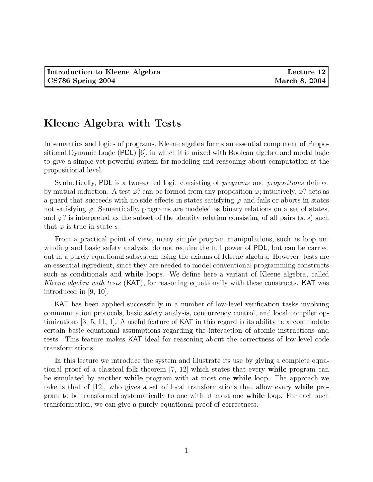 Introduction to Kleene Algebra Lecture 12 | Lecture notes Algebra | Docsity