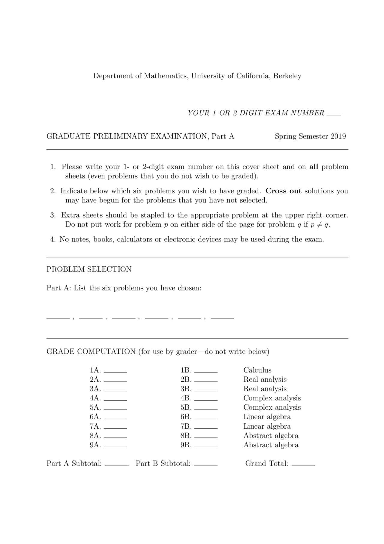 Graduate Preliminary Examination, Part A Spring Semester 2019 | Exams ...
