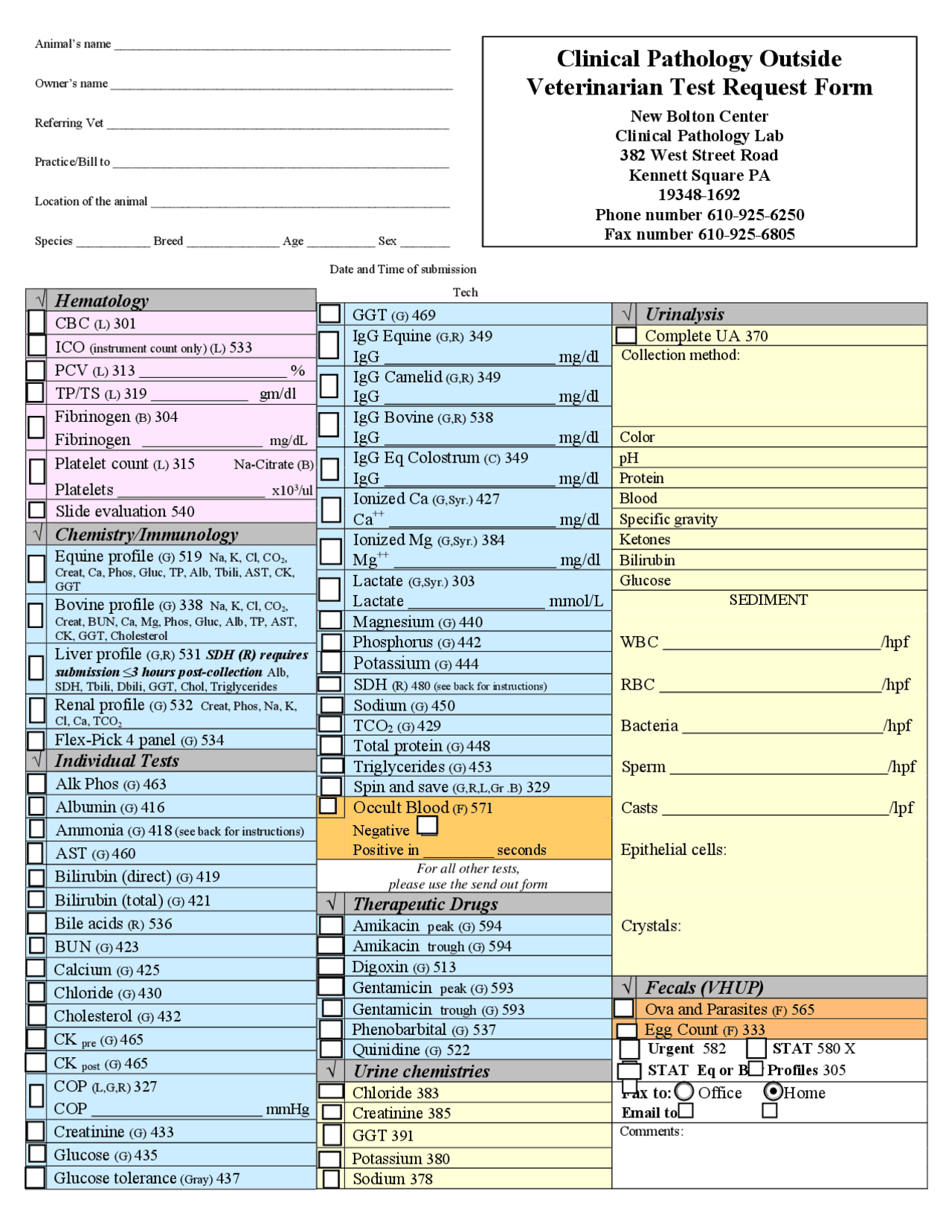 Veterinarian Test Request Form for Clinical Pathology Lab | Study notes ...