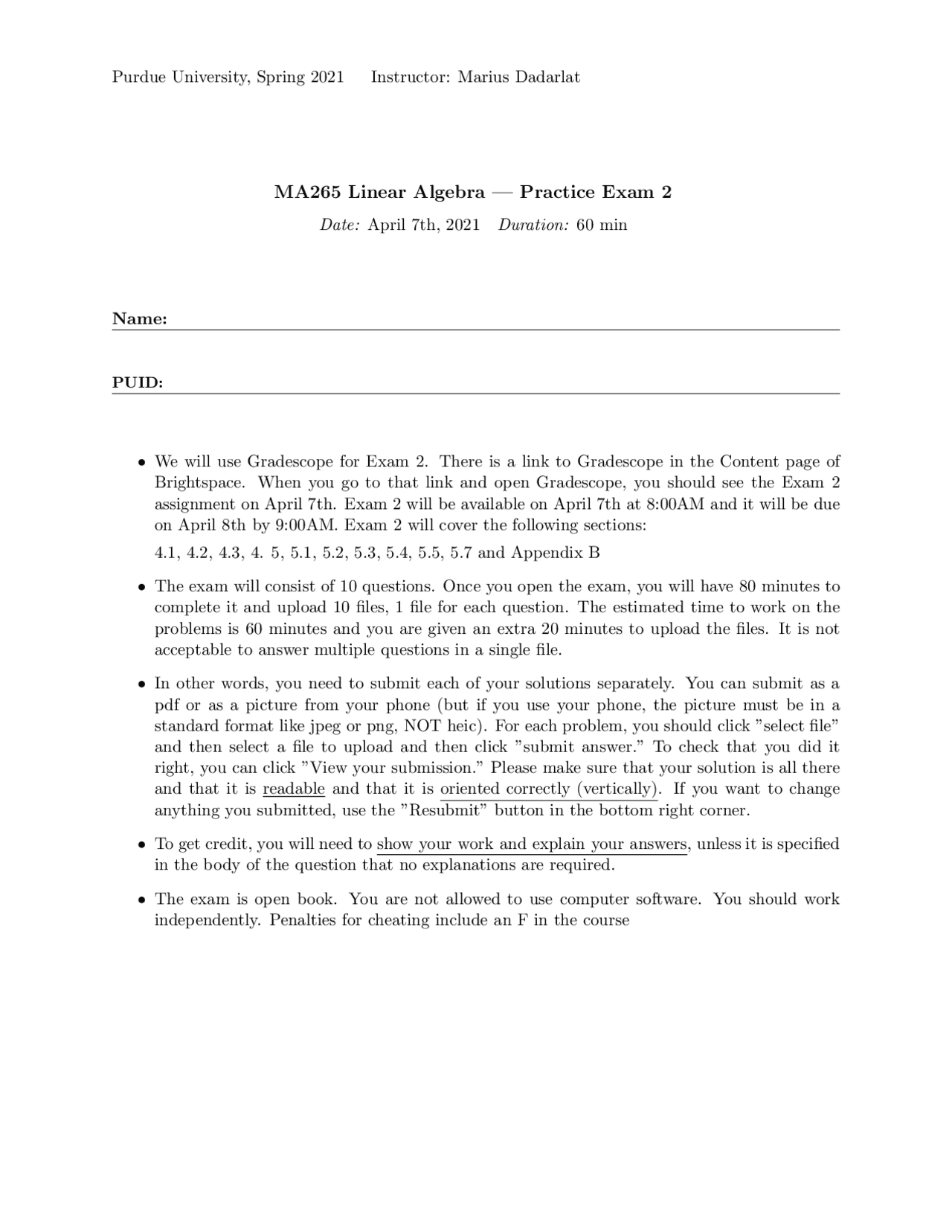 MA265 Linear Algebra — Practice Exam 2 | Exercises Algebra | Docsity