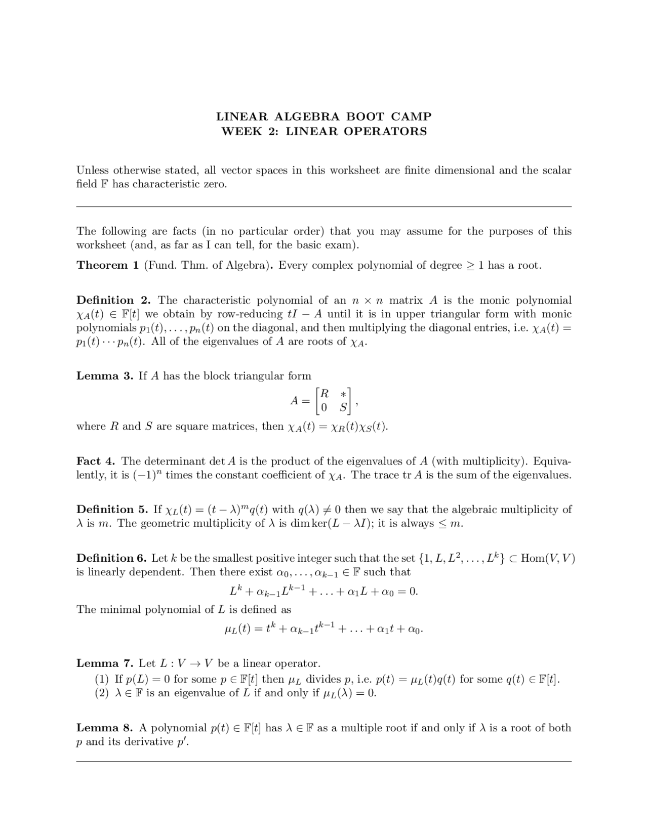 Linear Algebra Boot Camp Week 2 Linear Operators Lecture Notes