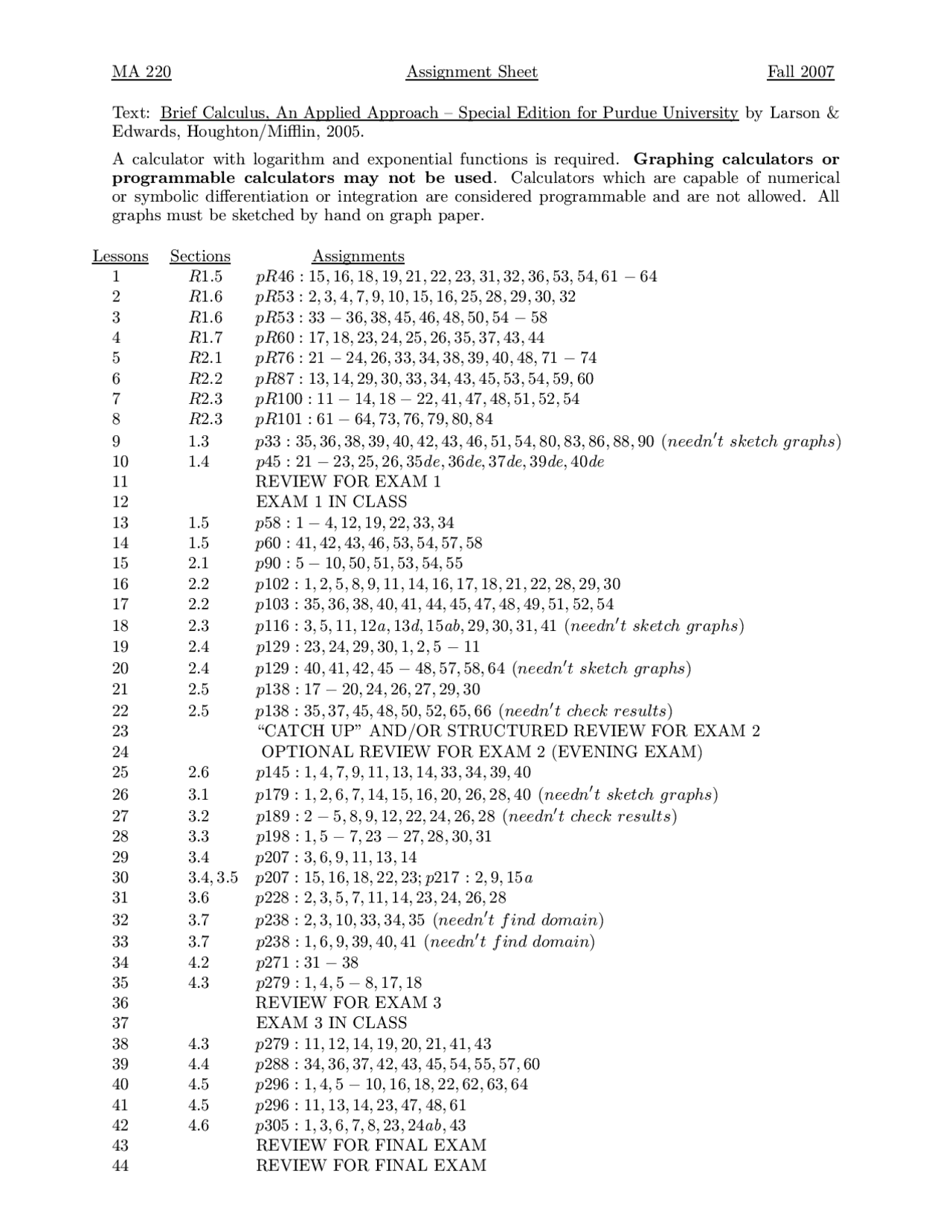 MA 220 Assignment Sheet Fall 2007 | Assignments Calculus | Docsity