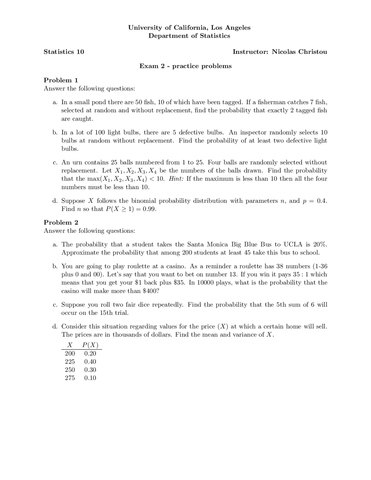 Statistics 10 Exam 2 Practice Problems | Exams Probability and Statistics | Docsity